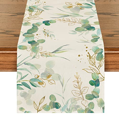 Artoid Mode Beige Greenery Eucalyptus Summer Table Runner, Spring Seasonal Anniversary Holiday Kitchen Dining Table Decoration for Indoor Outdoor Home Party Decor 13 x 72 Inch