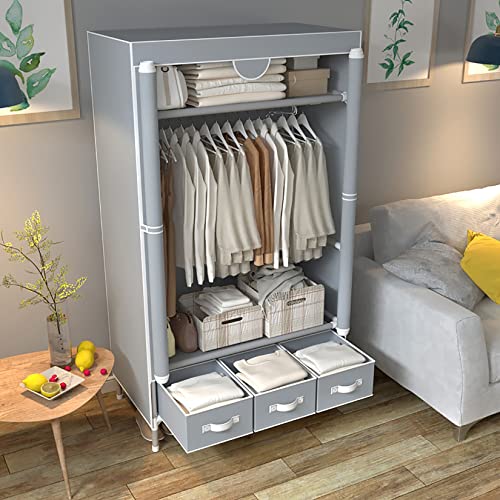 ASSICA Portable Clothes Closet Rolling Door Wardrobe with Hanging Rack Non-Woven Fabric Storage Organizer with Three Drawer Boxes No-Tool Assembly - 35.4 x 17.7 x 67.0 ββ (Gray)