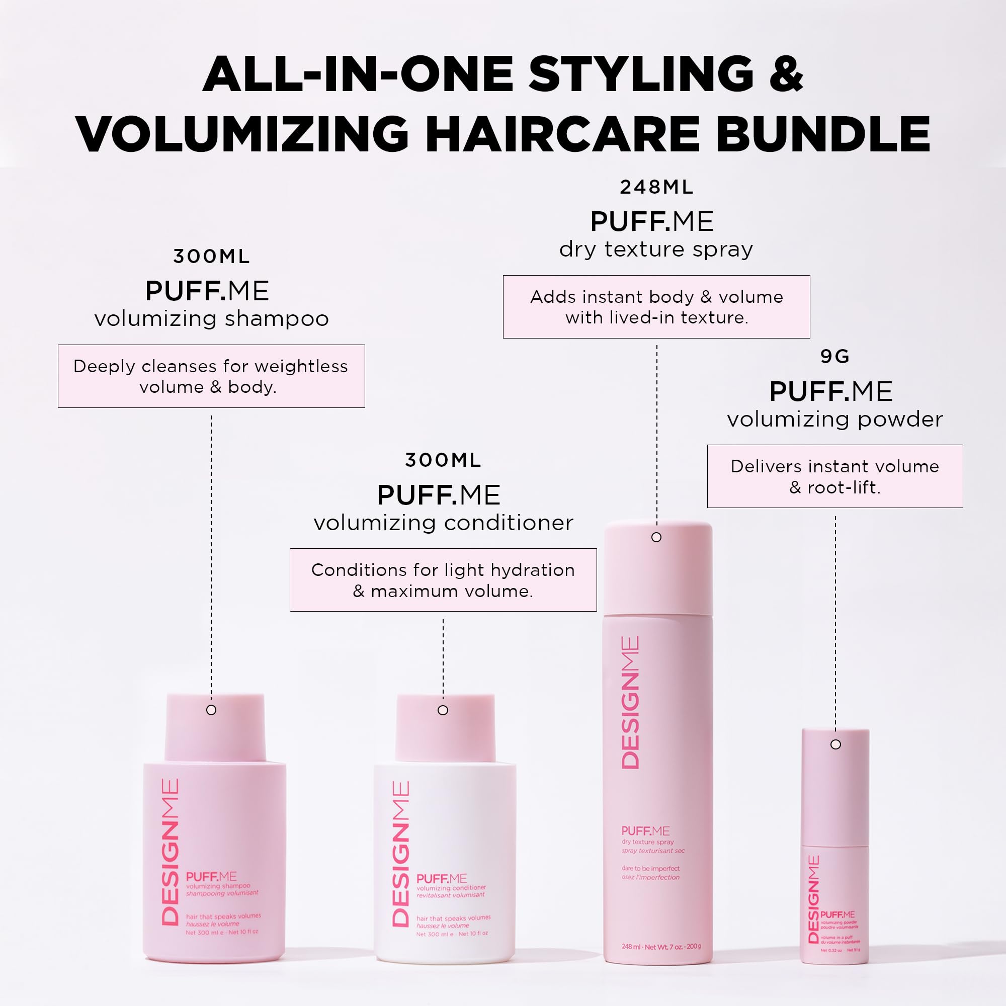 Design.Me PUFF.ME Hair Volumizer Bundle | Volumizing Shampoo, Conditioner, Powder, & Dry Texture Spray for Hair | Sulfate Free Shampoo & Color Conditioner with Styling Powder & Hair Texture Spray