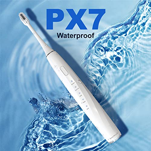 SANTALA UltraSonic Electric Toothbrush with 6 Brush Heads and 1 Cleansing Brush, Waterproof Safe Power Toothbrush,5 Modes,One Charge for 100 Days,48000 VPM Motor (White)