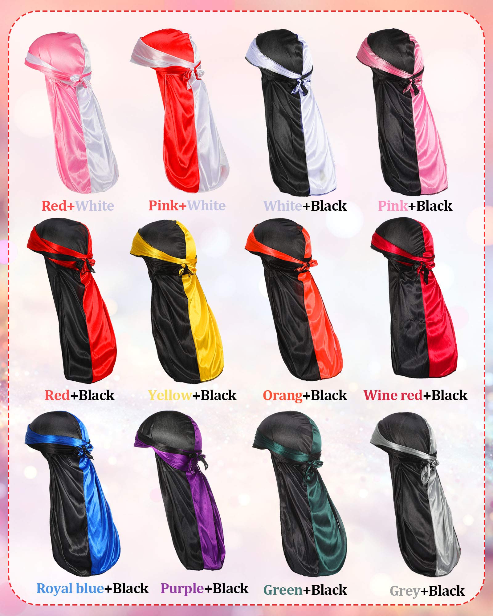 12 Pieces Silky Durag Pirate Cap Long Tail Headwraps for Men and Women Silky Durag Hip Hop Rapper Doo Rag Sleep Hat (Two-Tone Style)