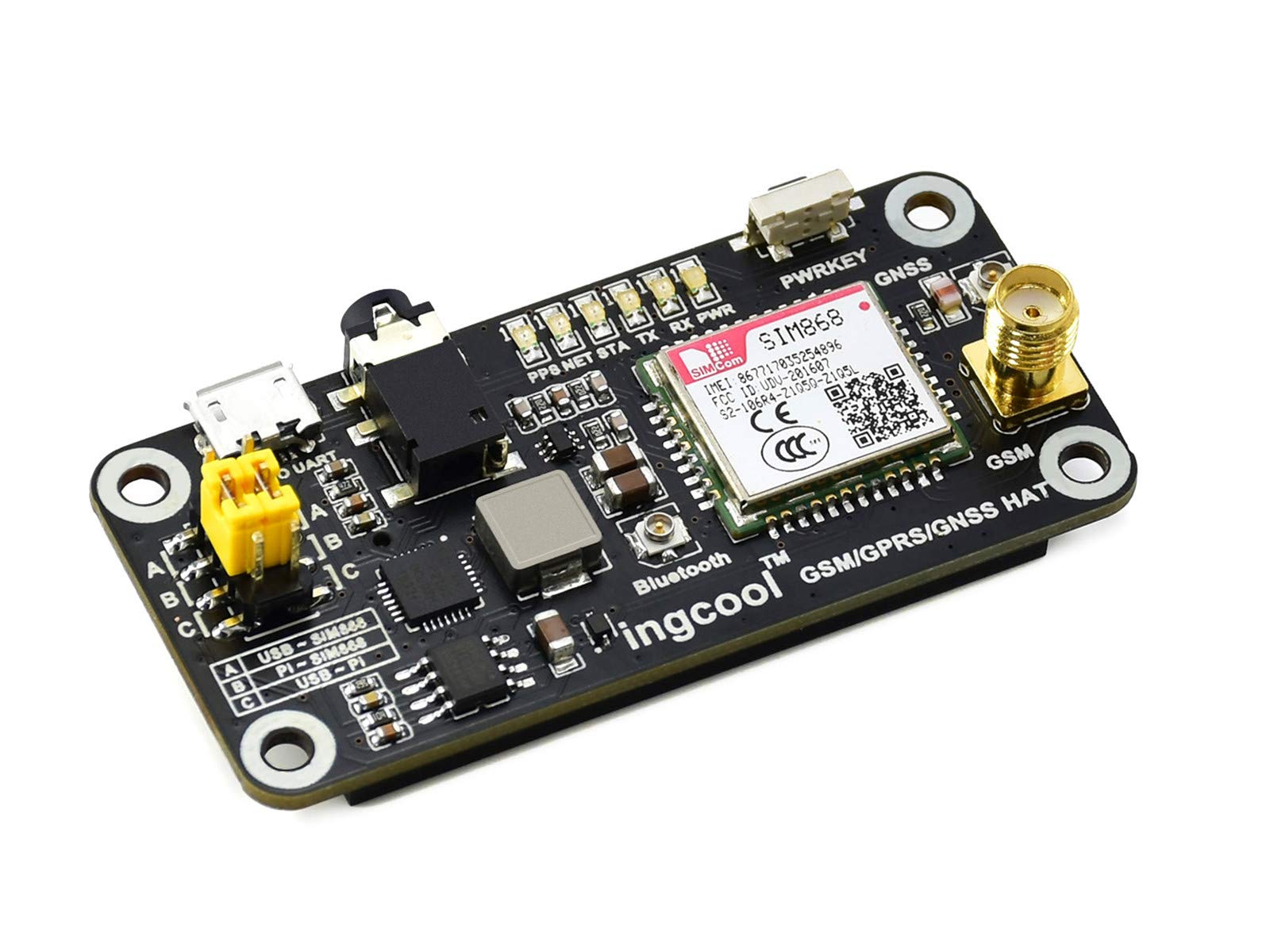 Ingcool GSM/GPRS/GNSS Bluetooth HAT Expansion Board for Raspberry Pi 4B/ 3B+/ 3B/ 2B/ Zero W/Zero, Based on SIM868 Module Supports SMS, Phone Call, Global Position, Transfer Data, etc.