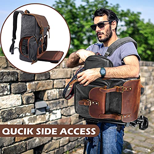Endurax Leather Camera Backpack for Photographers, DSLR Backpack Bag with Laptop Compartment & Tripod Holder, Waterproof Canvas