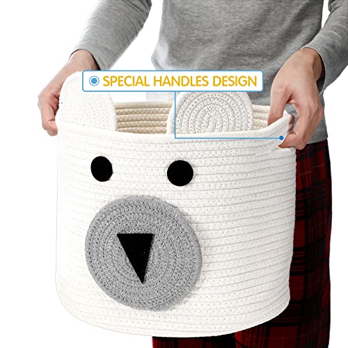 4 Pieces Cotton Rope Bear Animal Basket 2 Sizes Cute Bear Basket with Handles Cotton Rope Storage Basket Foldable Woven Storage Basket Baby Laundry Hamper Nursery Bins for Toys, Blanket, Clothes