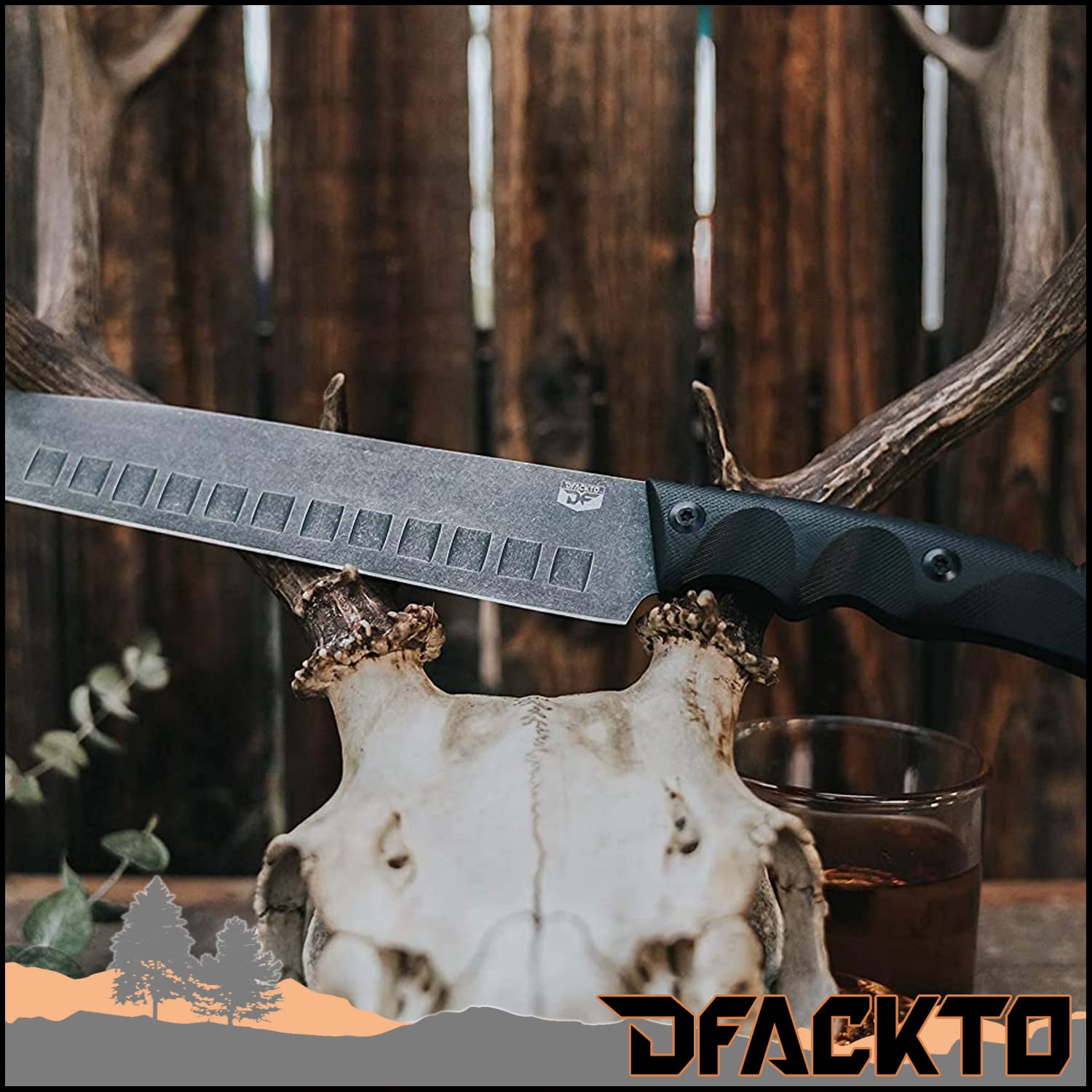 DFACKTO Interceptor 10 Inch Butcher Knife for Camping and Outdoor Kitchen, Stonewashed High Carbon Stainless Steel Black Knife, Full Tang Tactical G10 Handle, BBQ Utensil Cutlery