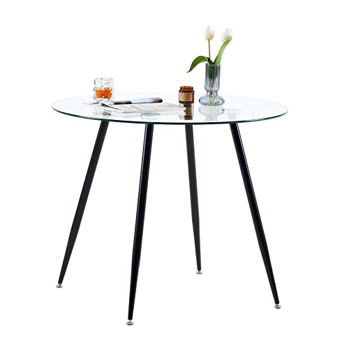 35" Modern Round Kitchen Table Coffee Table with Tempered Glass Top, Conference Table Round Dining Table for 4, Easy to Assemble and Clean Glass Round Table, Black(Table only)