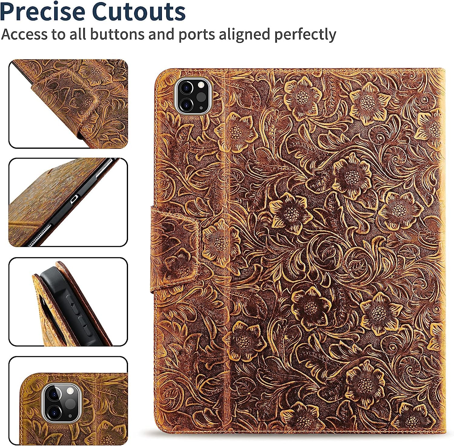 Gexmil Leather Case for iPad Pro 12.9 Inch, 6th/5th/4th/3rd Generation 2022/2021/2020/2018,Genuine Leather Folio Cover Shockproof with Pencil Holder,Magnetic Buckle Auto Sleep/Wake,Flower Pattern