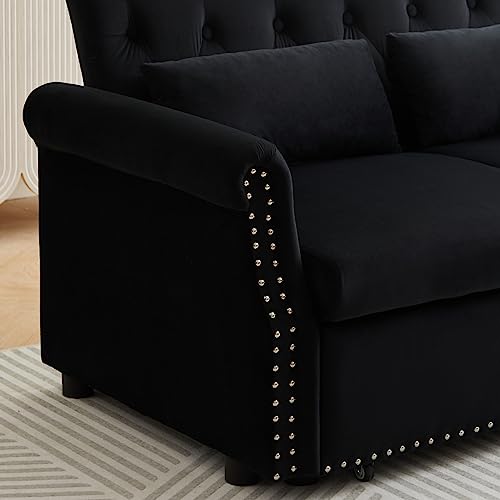 3 in 1 Sleeper Sofa Couch, Velvet Convertible Loveseat Sleeper with Adjustable Backrest, Pull Out Sofa Bed for Living Room Apartment, 55" Black