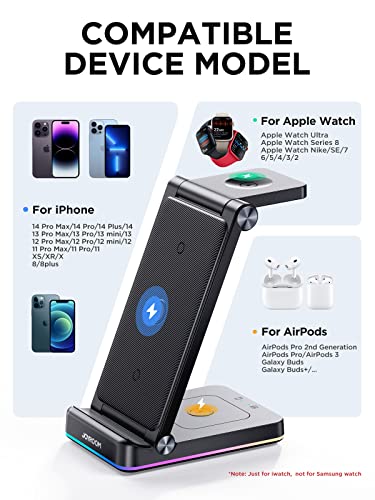 3 in 1 Wireless Charging Station, JOYROOM【Foldable & Double Coil】 Foldable Wireless Charger Compatible with iPhone15/14/13 Pro Max, Apple Watch Ultra/8/7/6/5, and Airpods Pro/2nd/3