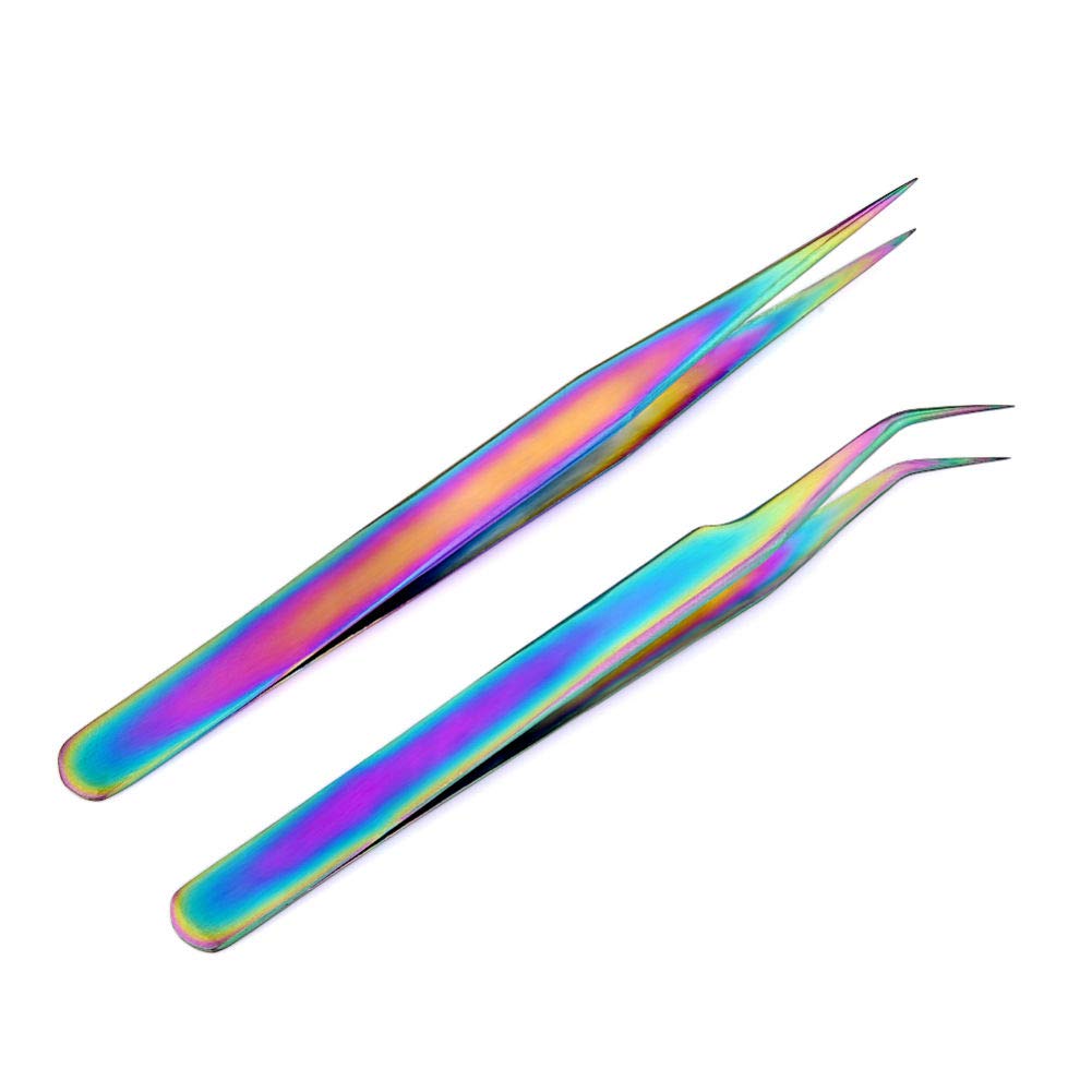 Aysekone 2 Pcs Rainbow Stainless Steel Curved Tweezers + Straight Tweezer for Rhinestones Picker Eyebrow Eyelash Tweezers Manicure Nail Art Tools
