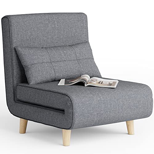 Aiho Convertible Sofa & Chair Bed, Futon Chair Sleeper with Soft Pillow, Modern Linen Fabric Solid Wood Legs, Dark Grey