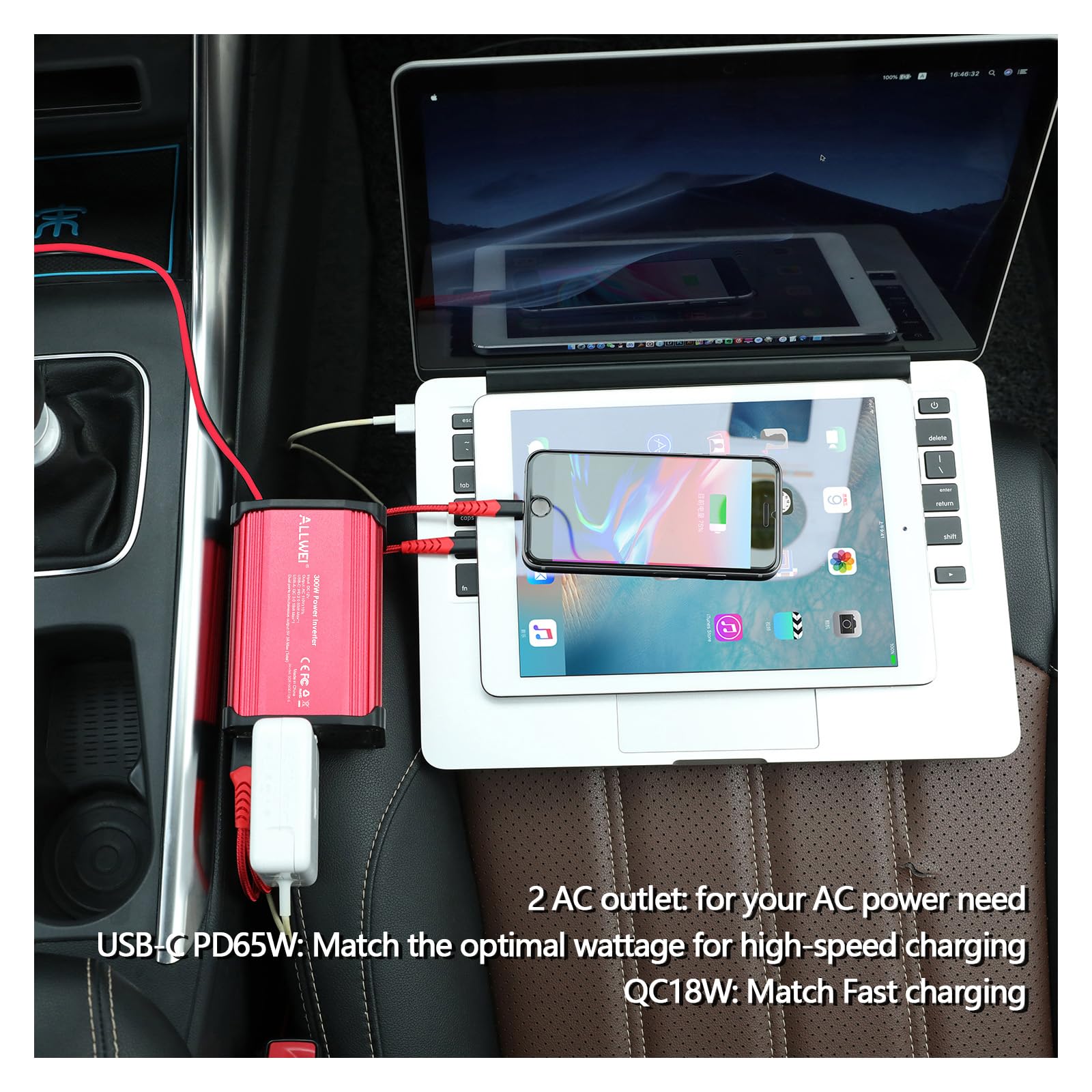 300W car Power Inverter with USB-C PD65W and 230W Power Voltage Converter 220V to 110V
