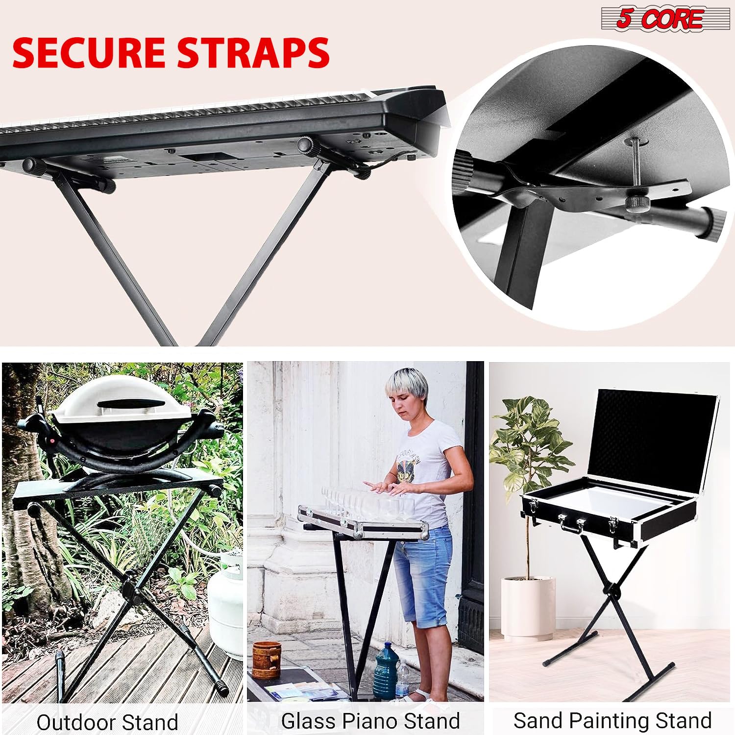 5 CORE Keyboard Stand Single X Style Adjustable Digital Electric Piano Riser Durable & Sturdy Music Synthesizer Holder Stands - 61 76 88 Keys KS1XBLK