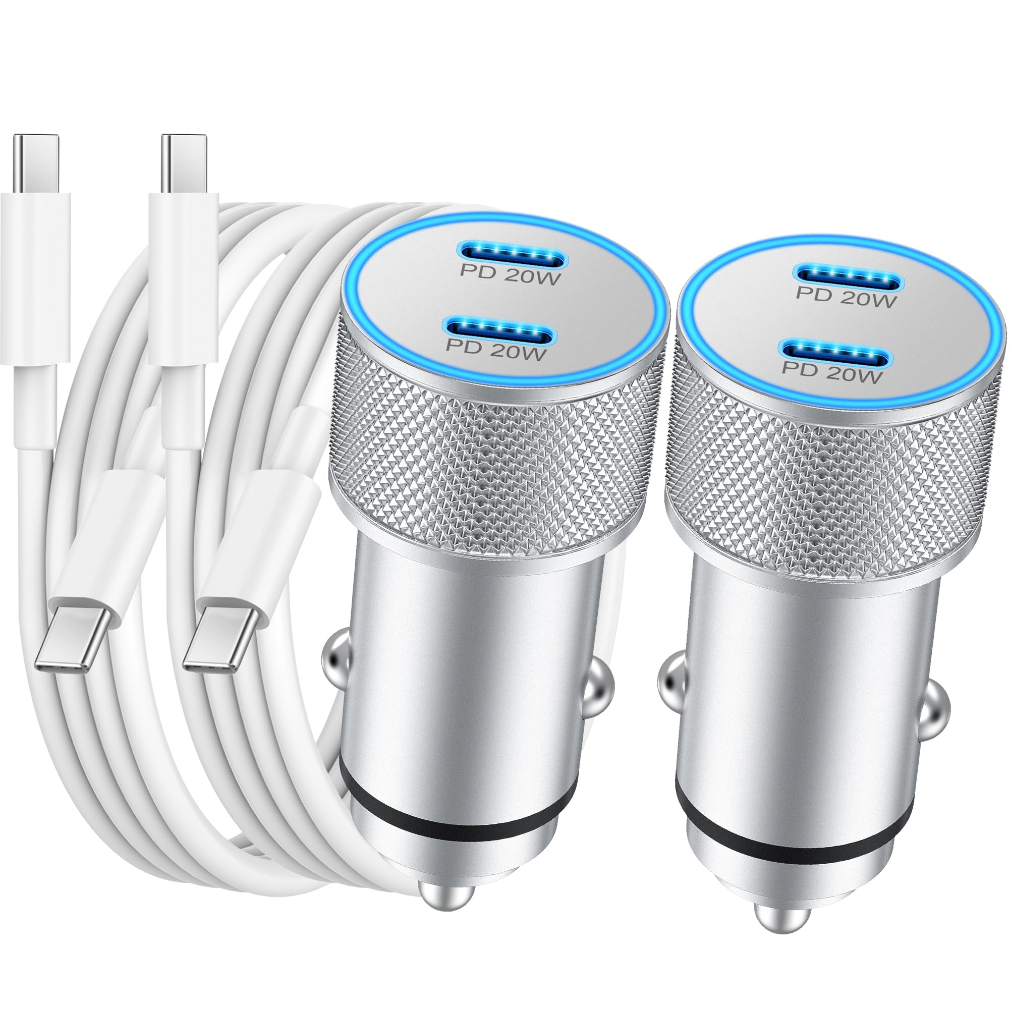 2-Pack 40W Dual Port USB C Car Charger for iPhone 15/15 Pro Max - With 3FT C to C Cable