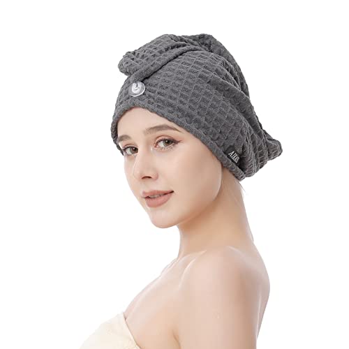 AIKAOS Microfiber Hair Towel Wrap for Women and Men,2 Button-Loop Closure,Super Absorbent Quick Hair Drying Waffle Weave Towels for Drying Curly, Long,Thick Hair ((Grey))