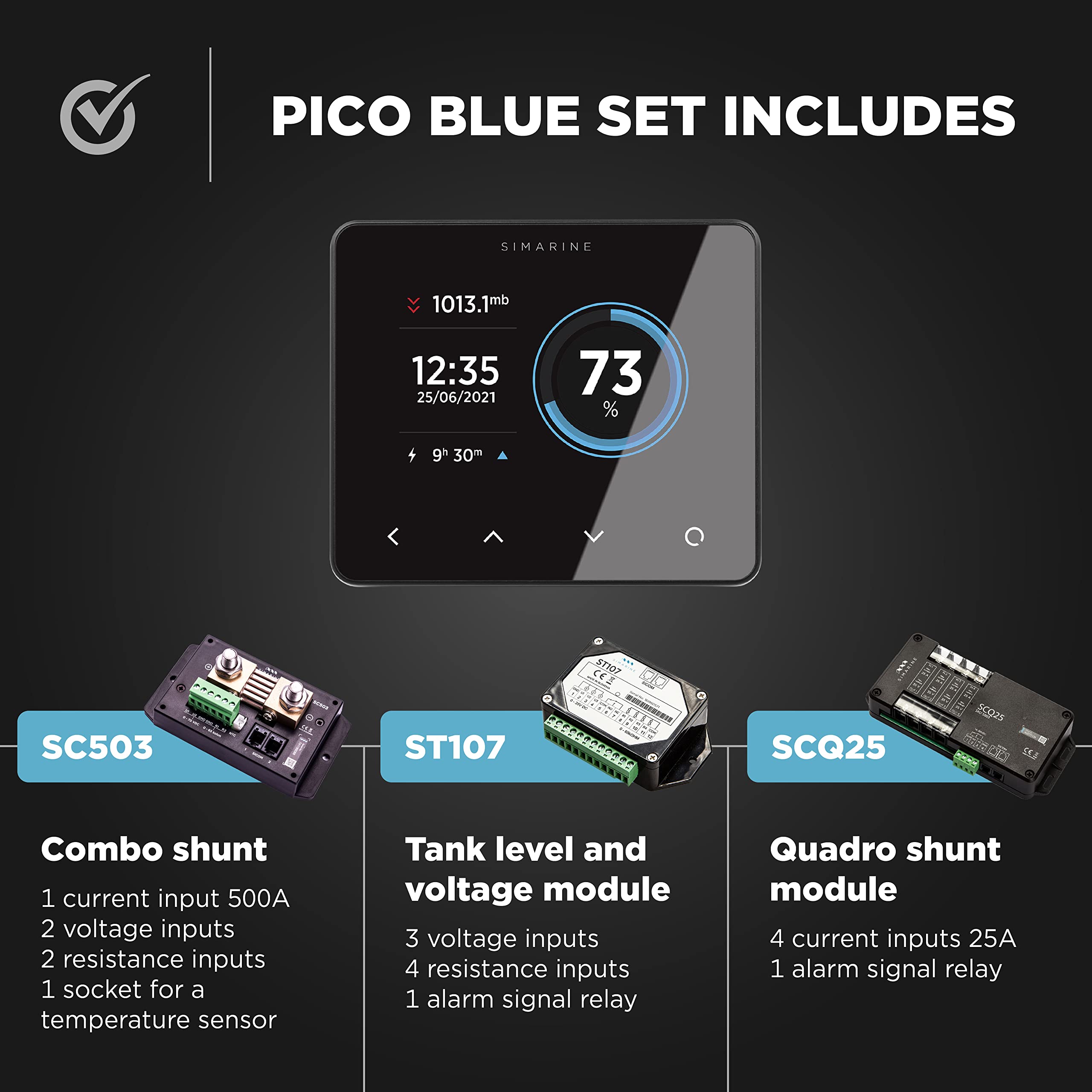 Simarine Pico Blue Battery Monitor System Set, Multi-Voltage, Lead Acid & Lithium Battery Compatible, Tank Monitoring, Shunt 500 A (Bezel, Silver S)