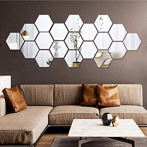 Beser Lee Hexagon Mirror Wall Stickers, 36Pcs Acrylic Plastic Mirror Tiles Art Decoration DIY Mirror Sheet Mirror Setting Wall Sticker Decal Murals for Home Office Bedroom Background Gym Decor