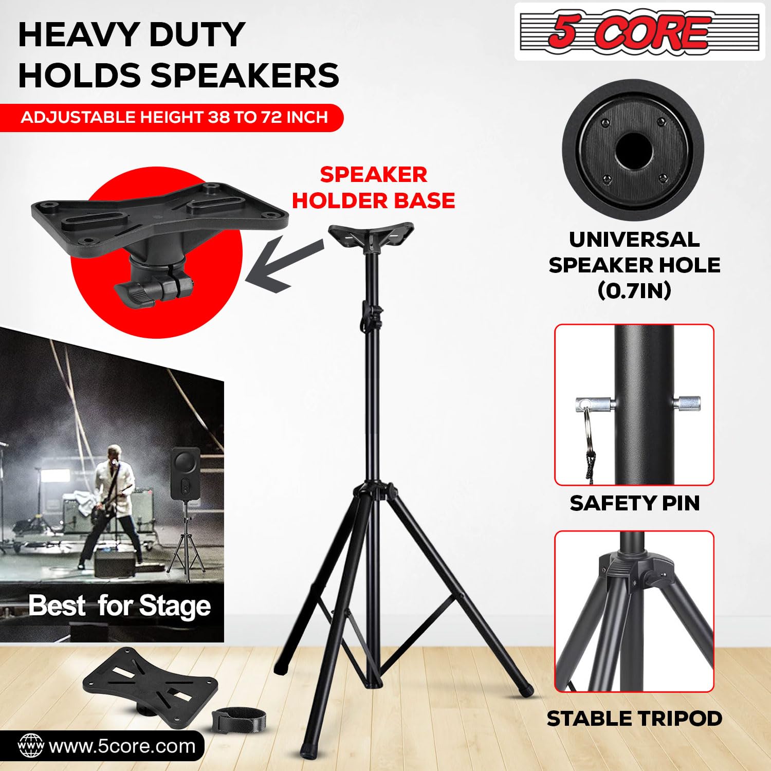 5 Core Speaker Stand Pair Tripod Floor Heavy Duty Adjustable Up to 72 Inch DJ Studio Monitor Stands Pole Mount - SS HD 2PK BLK Bag
