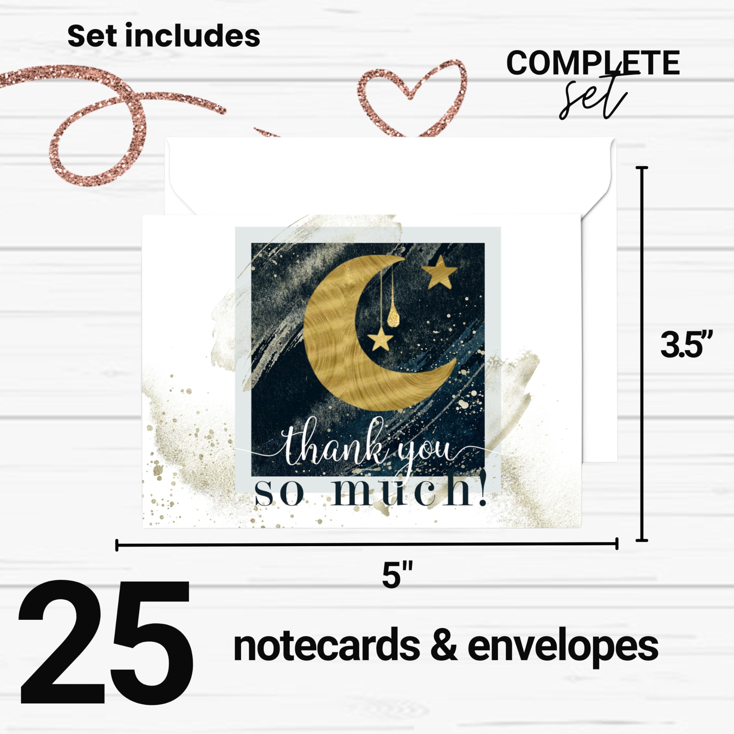 Paper Clever Party Star and Moon Thank You Cards with Envelopes - 25 Pack - Cosmic Design for All Occasions: Showers, Weddings, Graduations & Everyday Essentials - Folded Navy and Gold Set