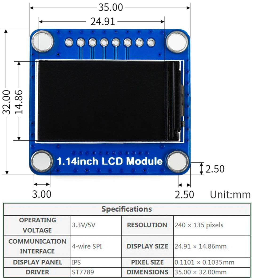 Bicool 1.14inch LCD Display Module IPS Screen, 65K RGB Colors, 240×135 Resolution, Embedded ST7789 Driver, SPI Interface Compatible with Arduino/Raspberry Pi /STM32
