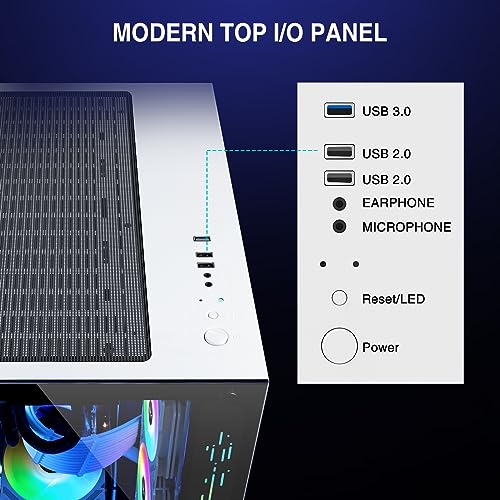 GIM ATX Gaming PC Case, 270° Full View Tempered Glass, 360MM RAD Support, Mid Tower Computer Case with Front Panel RGB Strip, USB 3.0 I/O Port & 2 Magnet Dust Filter, Fans are Not Included (White)