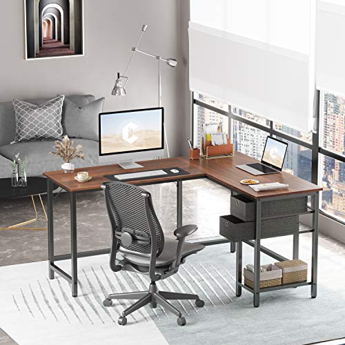 Cubiker L-Shaped Computer Desk 60" with 2 Drawers and Shelves for Storage, Larger Gaming Corner Desk Workstation, Home Office Sturdy Writing Table, Space-Saving, Easy to Assemble, Walnut