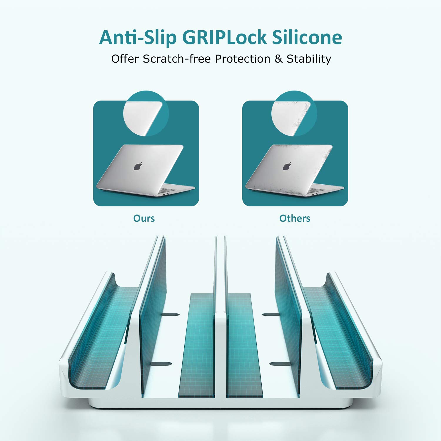 Nukoi Vertical Laptop Stand - SPACEMax Adjustable GRIPLock Anti-Tip Silicone 4 Slots Aluminum Desktop Holder - Double Dock Stand - 2 Phone Slots Fits Up to 17.3” Laptops, Tablets, Phones - Silver