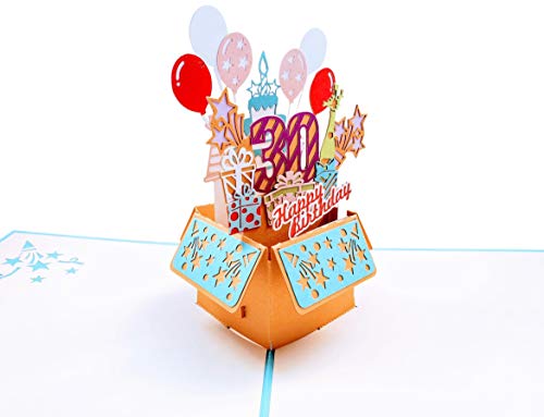 iGifts And Cards Happy 30th Blue Birthday Party Box 3D Pop Up Greeting Card - Thirty, Awesome, Cute, Congrats, Unique, Gift, Presents, Celebration, Feliz CumpleaƱos, Balloons