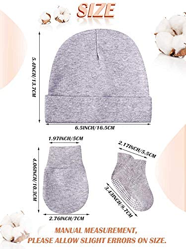 Baby Hats Mittens and Socks Set Unisex Cotton Beanie Cap and Scratch Mitten Non-Slip Baby Ankle Socks for Boys and Girls (White, Black, Grey, Light Blue, Navy Blue, Beige,6 Sets)