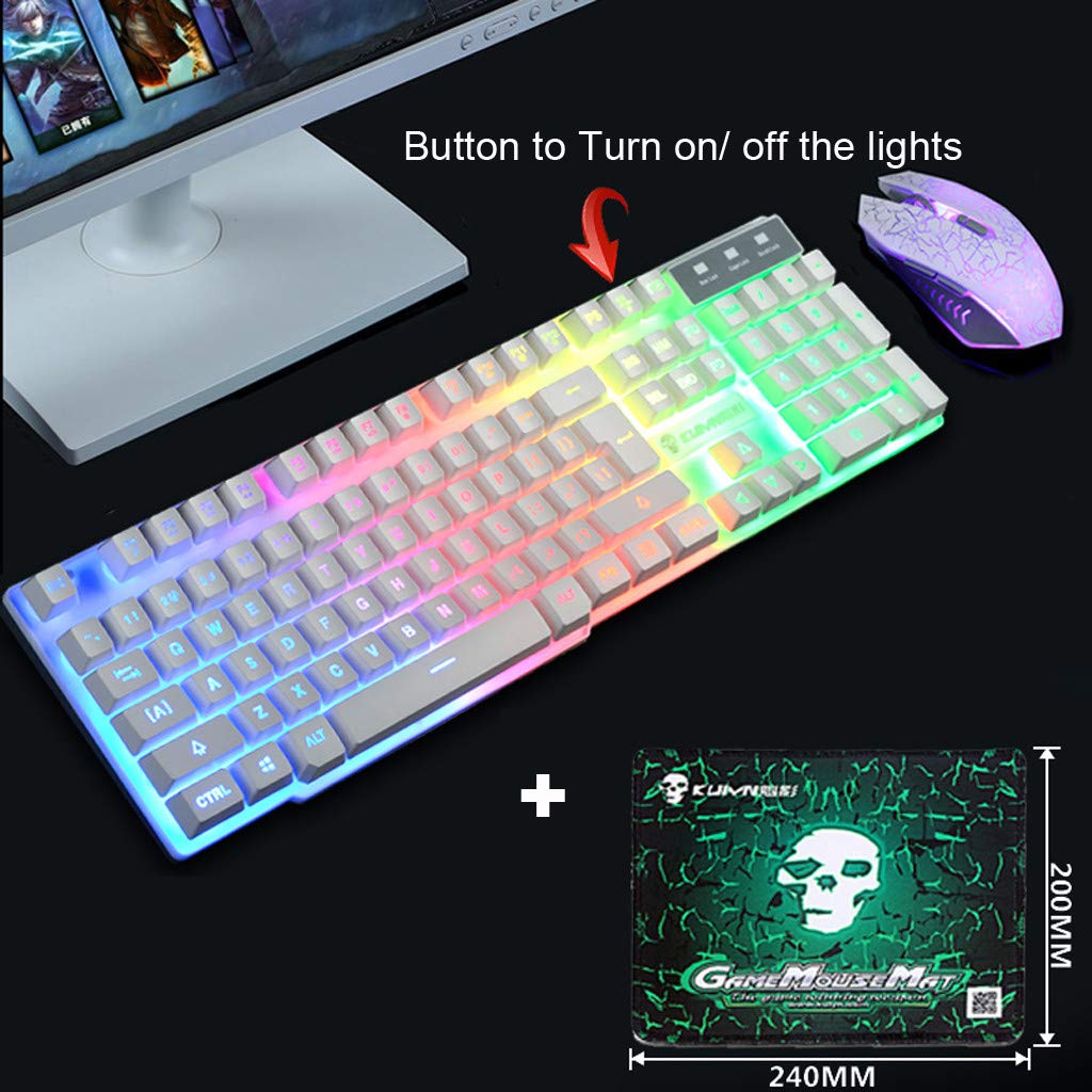 Axiba Waterproof Gaming Keyboard Mouse Sets USB Wired 104 Keys Skull Rainbow LED Backlit Multimedia Ergonomic Gamer Keyboard 2400DPI 6 Buttons Optical Professional Game Mice + Mouse Pad (Skull White)