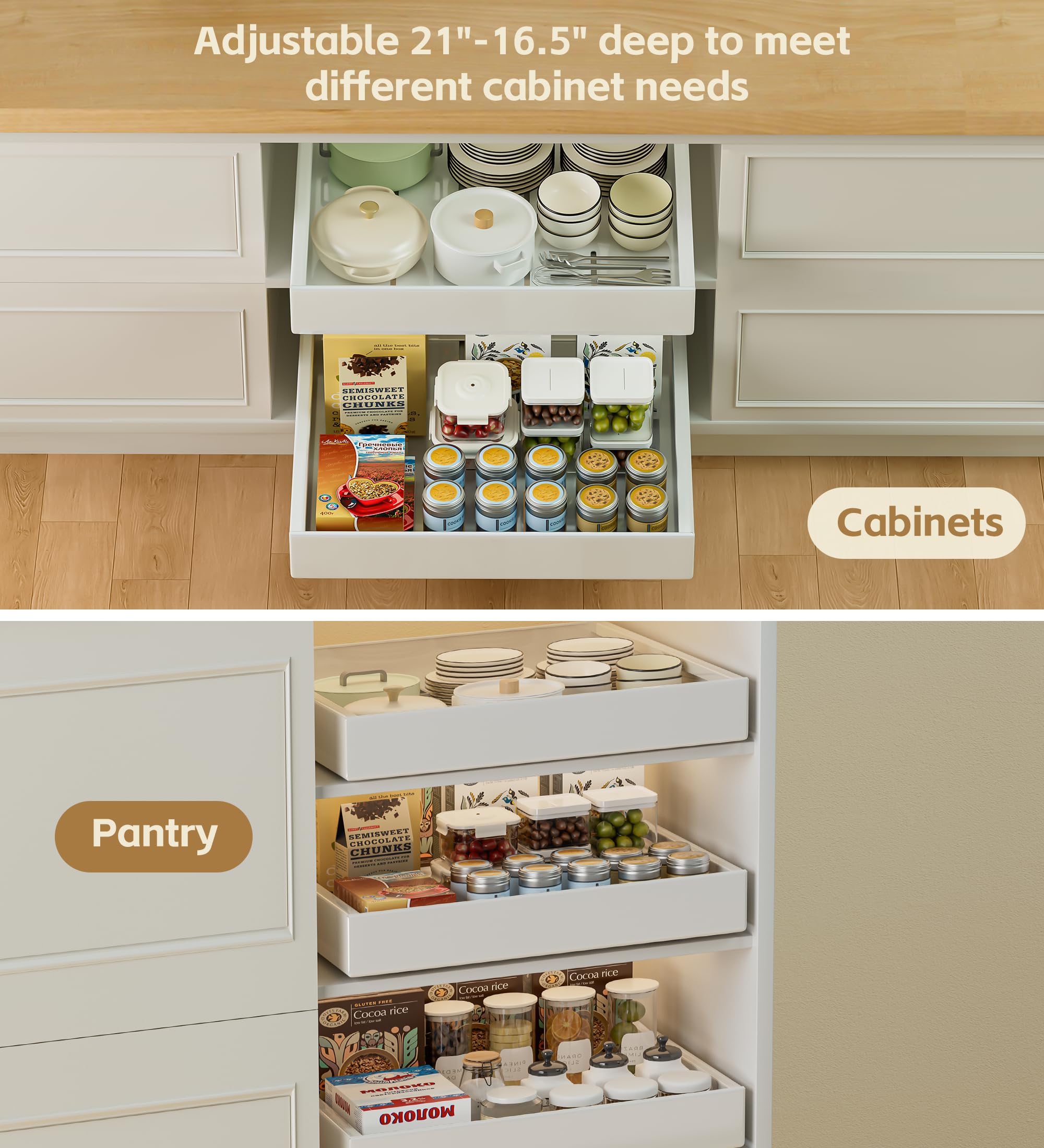 2 Pack Pull out Cabinet Organizer 21"D x 12"W, Peel And Stick Slide out Drawers for Kitchen Cabinets, Sliding Drawers Cabinet Roll out Shelves for Dishes Storage(White)