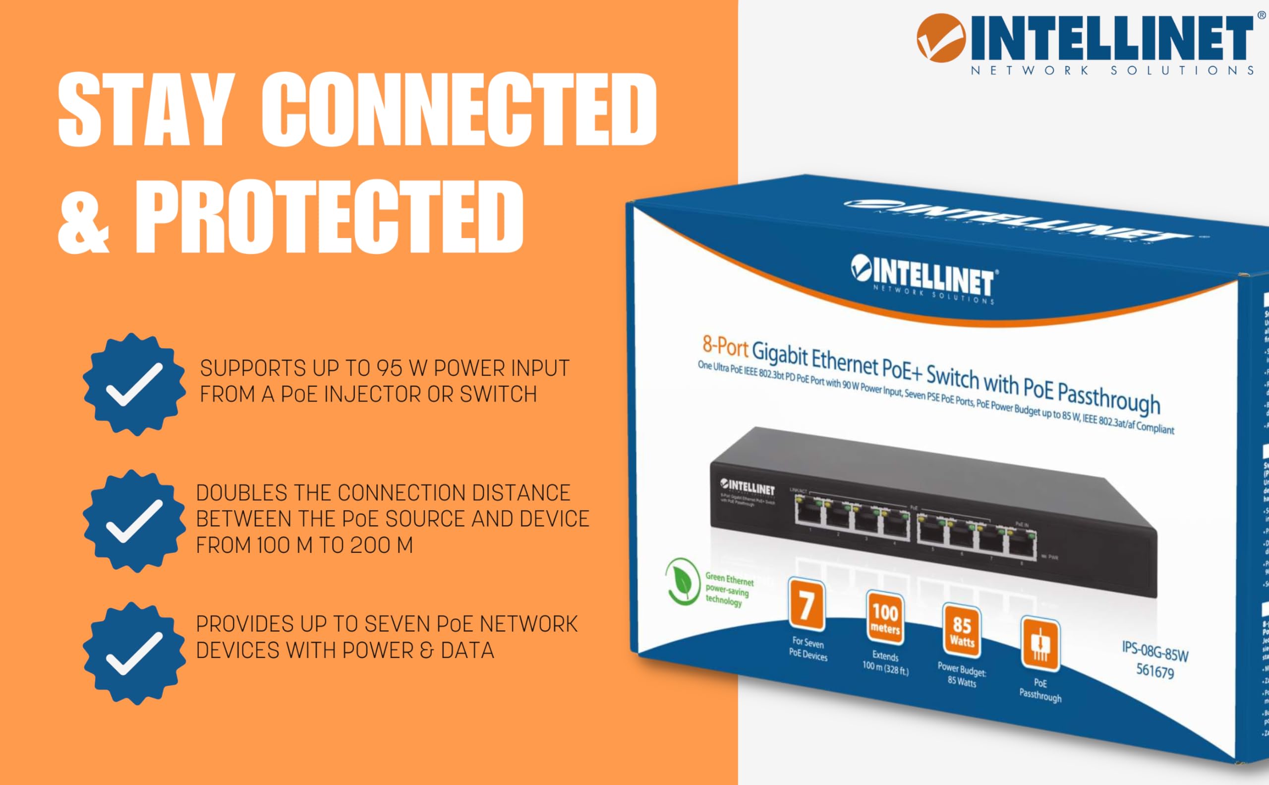 Intellinet 8-Port Gigabit Ethernet PoE+ Switch with PoE Passthrough - 85W PoE Budget, 30 W per Port, 16 Gbps Switch Fabric - 3 Yr Mfg Warranty-561679