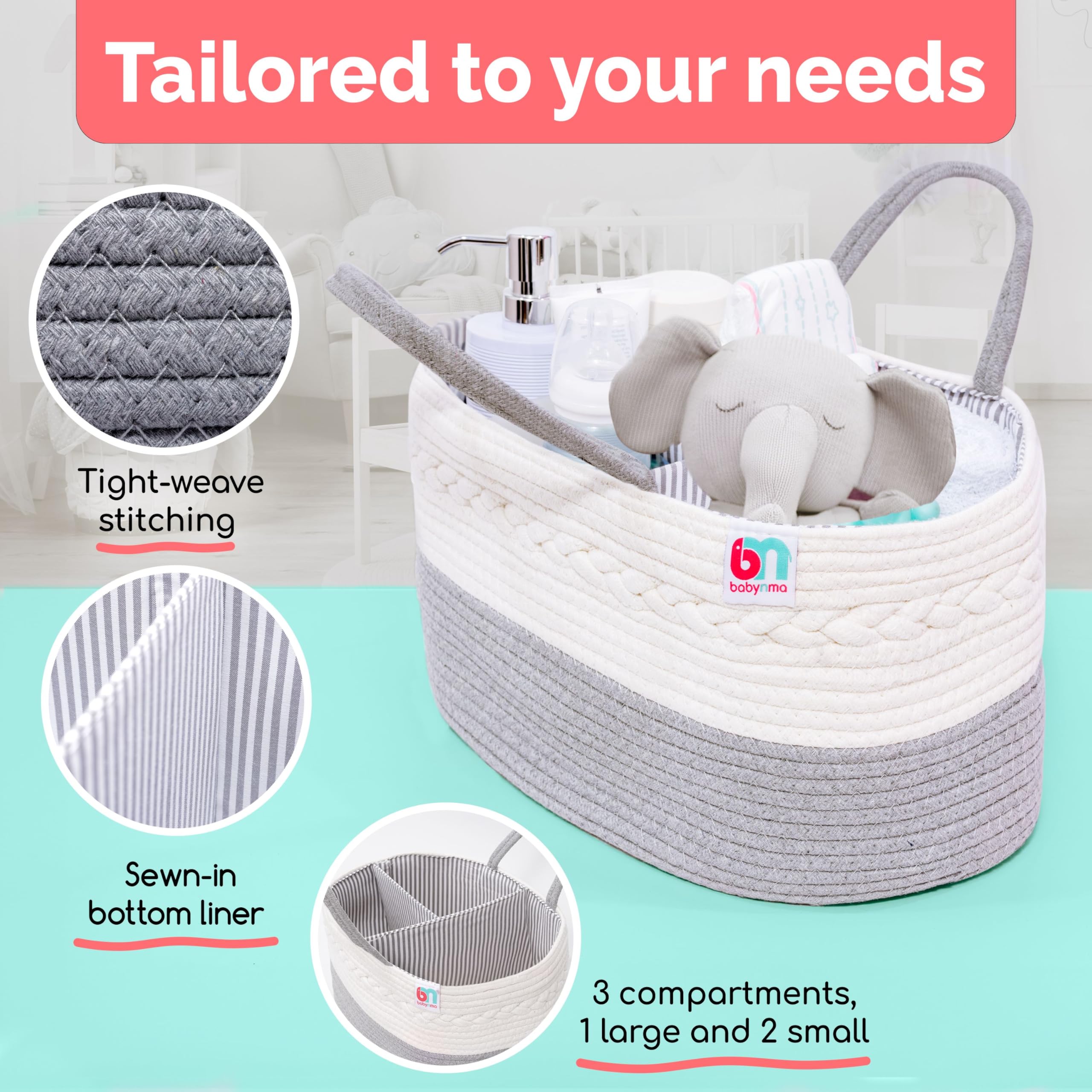 Babynma Rope Diaper Caddy - Storage for Baby and Toddler Items - Portable Cotton Organizer Easily Holds Diapers, Wipes, Clothing - Useful for Nursery, Bedroom (Gray, Extra Large)