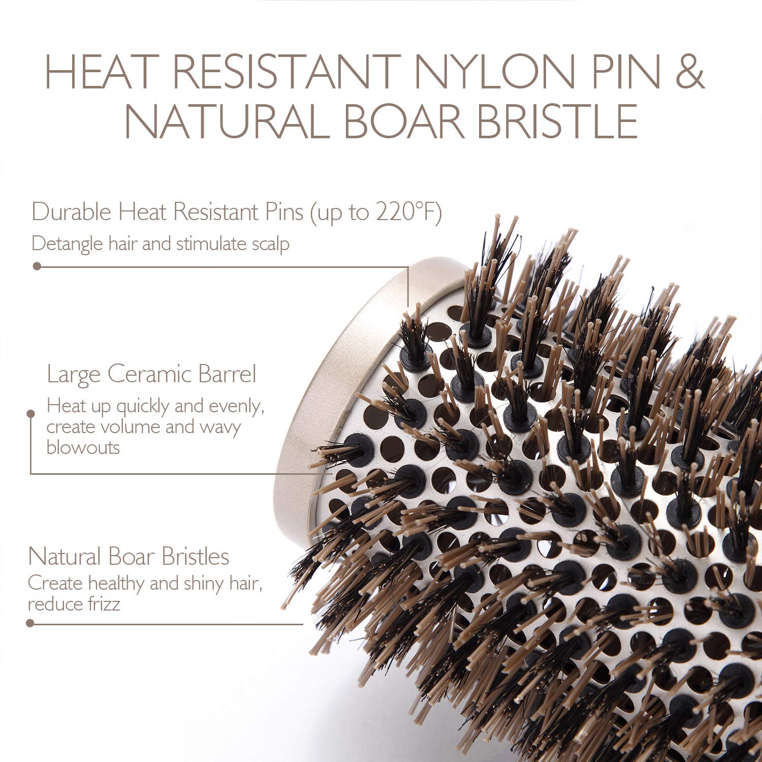 Baasha Hair Brush, Large 3 Inch Round Brush with Boar Bristle, Vented Ceramic Barrel, for Long Hair, Curly Hair, Salon Quality, 1 Count