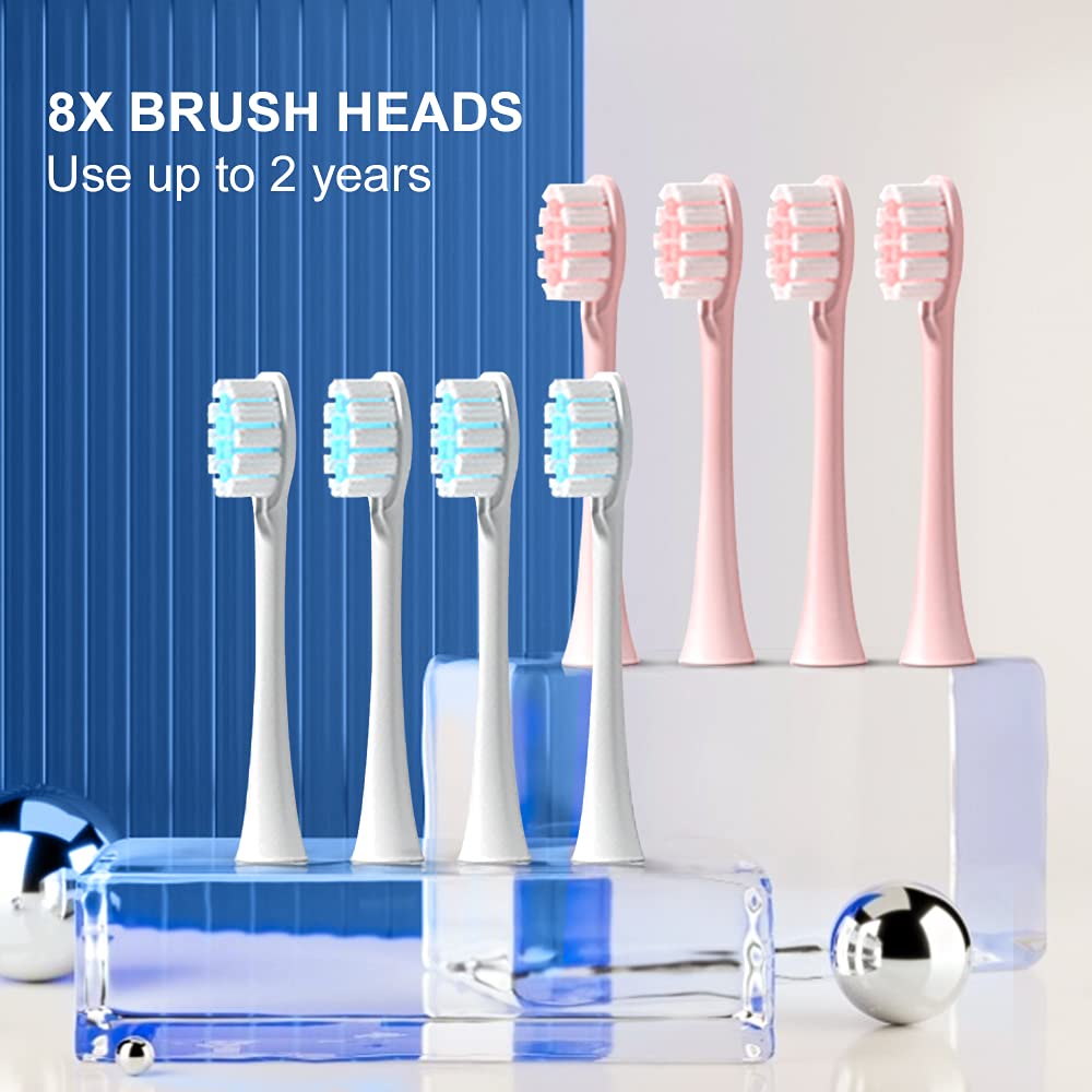 2 Pack Rechargeable Electric Toothbrushes for Adults and Kids, Sonic Whitening Tooth Brush with 8 Brush Heads, 6 Cleaning Modes and Smart Timer, Waterproof Cleaning Toothbrushes Set(pink&white)