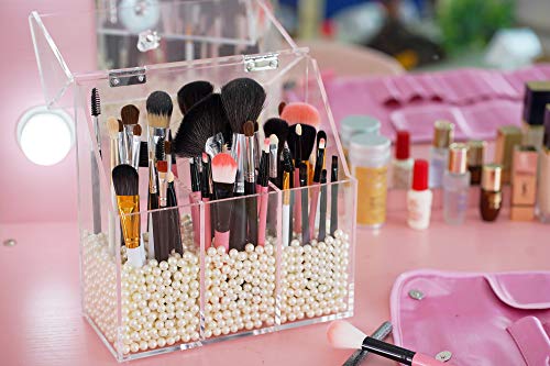 FOOCORDDY Covered Makeup Brush Holder with Dustproof Lid, Large Capacity Acrylic Clear Cosmetic Brush Storage Organizer for Vanity