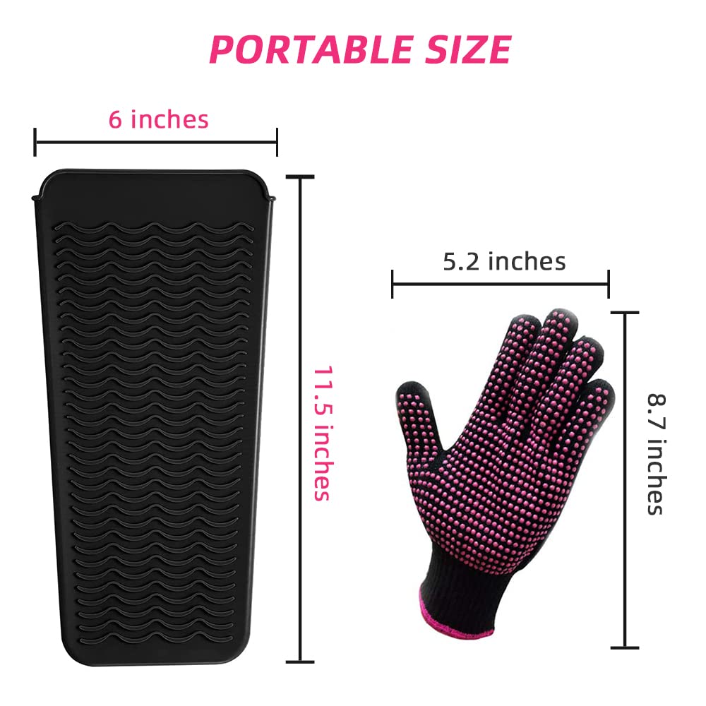 Heat Resistant Silicone Mat and Glove Set for Hair Straighteners and Flat Irons - 11" x 6" Mat, 8.7" x 5.2" Bump Glove, Black