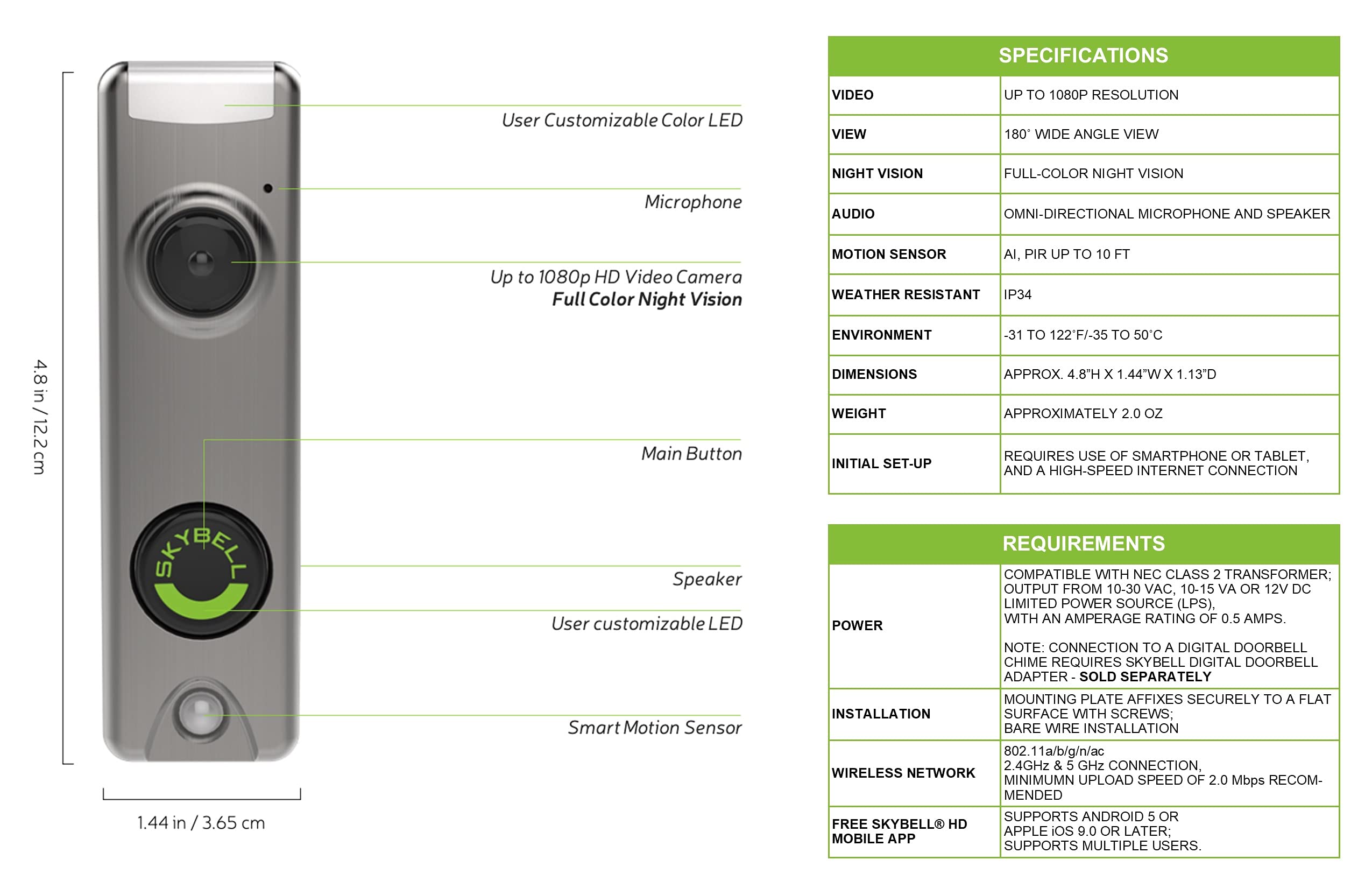 Skybell Trim II Pro Silver Wi-Fi Video Doorbell Camera Bundled with 4 inch Warning Sticker