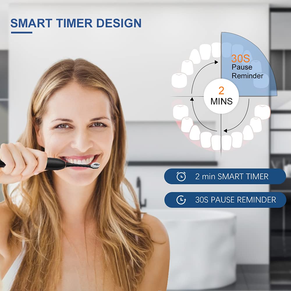 2 Pack Rechargeable Electric Toothbrushes for Adults and Kids, Sonic Whitening Tooth Brush with 8 Brush Heads, 6 Cleaning Modes and Smart Timer, Waterproof Cleaning Toothbrushes Set(black&white)