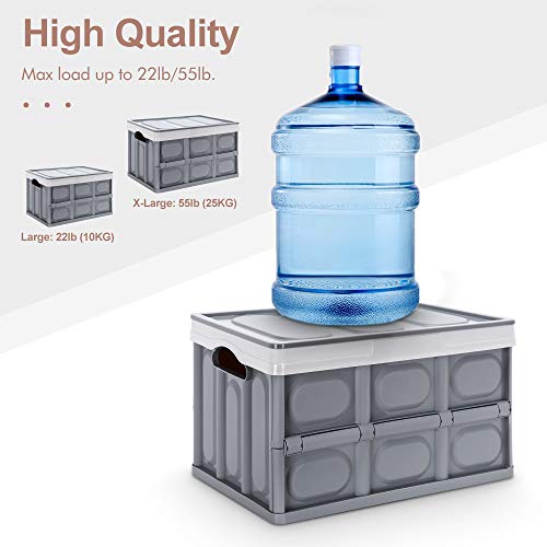 Homde Pack of 2 Storage Bins with Lids Collapsible Plastic Crates Storage Container Gray Box with Handle for Shoes, Clothes, Toy, Books and Grocery (Large)