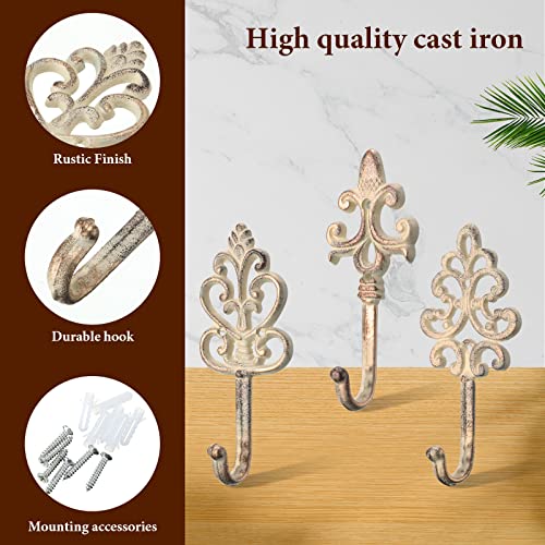 6 Pieces Shabby Chic Cast Iron Decorative Wall Mounted Hooks Retro Hanging Hooks Rustic Wall White Bathroom Towel Hooks with Screws and Anchors for Hanging Coat Towel, 3.15 x 7 Inch