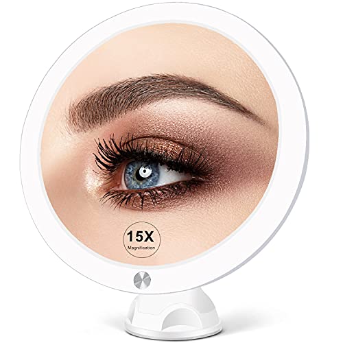 Fabuday 15X Lighted Magnifying Mirror with Lights - 8 Inch Makeup Mirrors with Suction Cups and Magnification for Bathrooom, Dual Power Supply, Adjustable Lighting, Light Up Magnified Mirror