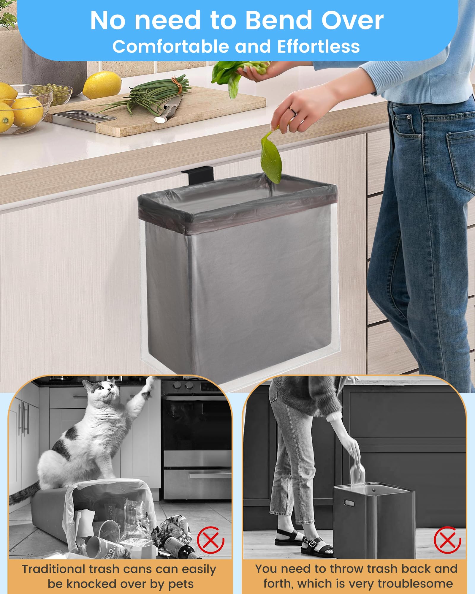 2 Pack Hanging kitchen Trash Can, Small Trash Can Under Sink, Hook and Loop Design Oxford Cloth, Storage Box, 2.4 Gallon Food Waste Bin, Foldable Garbage Can Bag Holder Black for Cabinet Outdoor