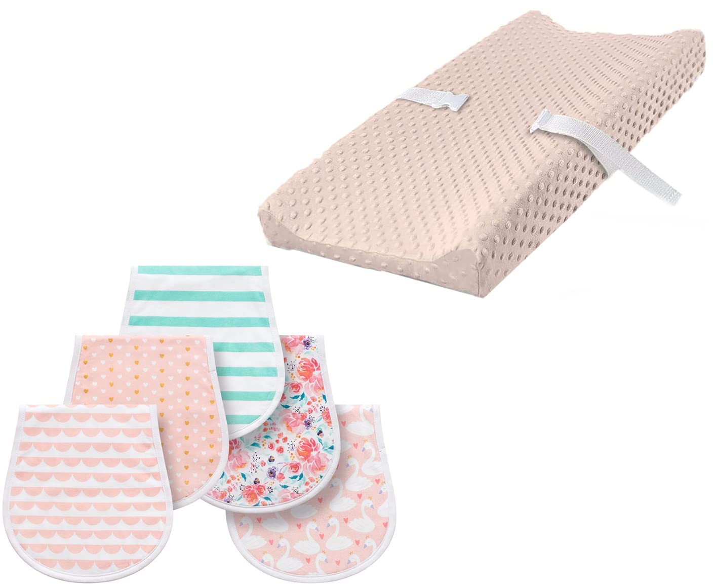 5 Pack Burp Cloths + Minky Changing Pad Cover for Baby Girl Boy, Plush Changing Table Covers Breathable Mink Changing Table Sheets Cover Wipeable