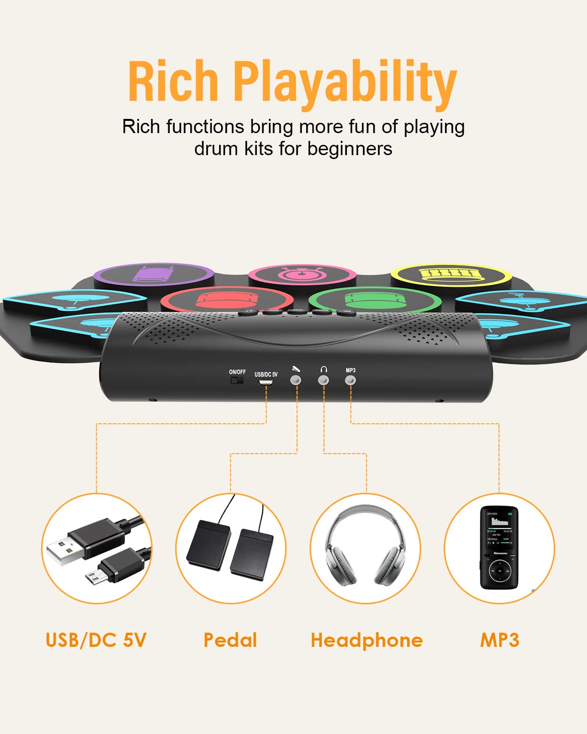 9 Pads Electronic Drum Set, 19Γ13 Inch Roll-Up Drum Portable Drum Pad Kit With MIDI Education Function, Built-in Speaker, Supports headphone/Bluetooth, Great Holiday Birthday Gift for Kids β Colorful