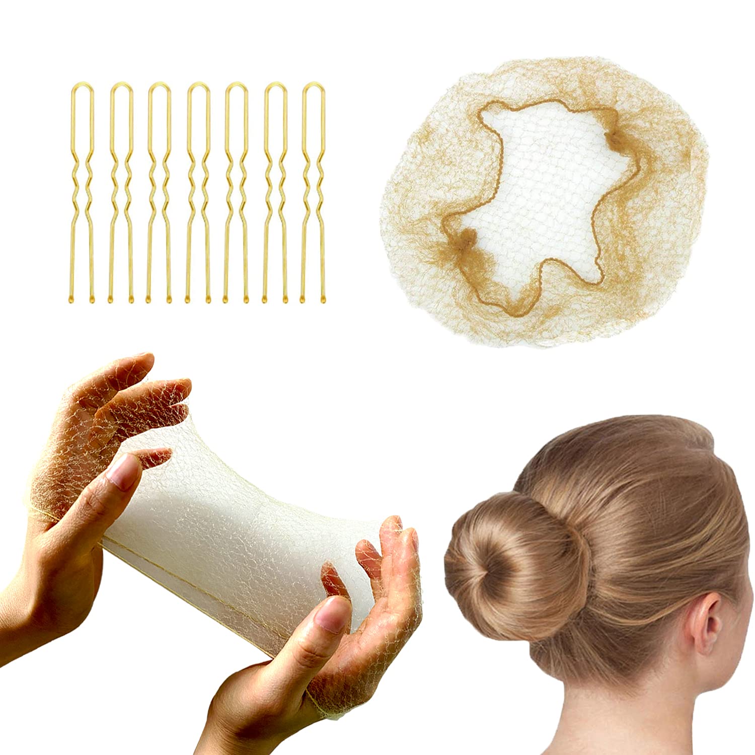 Invisible Mesh Hair Nets Set with Positioning U-Shaped Hair Pins for Women's Hair Styling (Blonde)