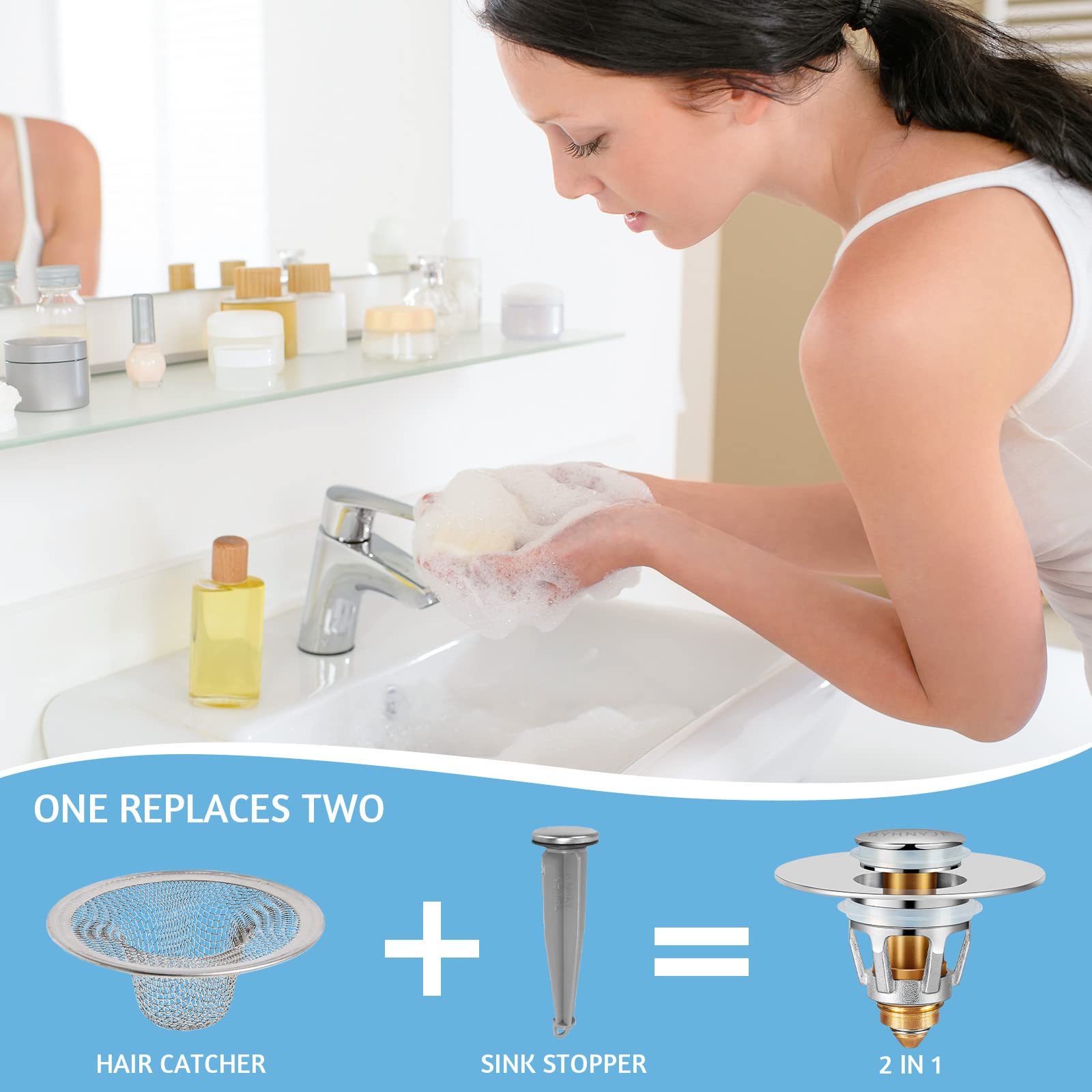 2Pcs Bathroom Sink Stoppers ,Pop Up Drain Stopper for Bathroom Sink,2-in-1 Sink Stopper & Strainer,Universal Wash Basin Sink Stopper,for 1.1"~1.5" Bathroom Sink Drain(Silver)