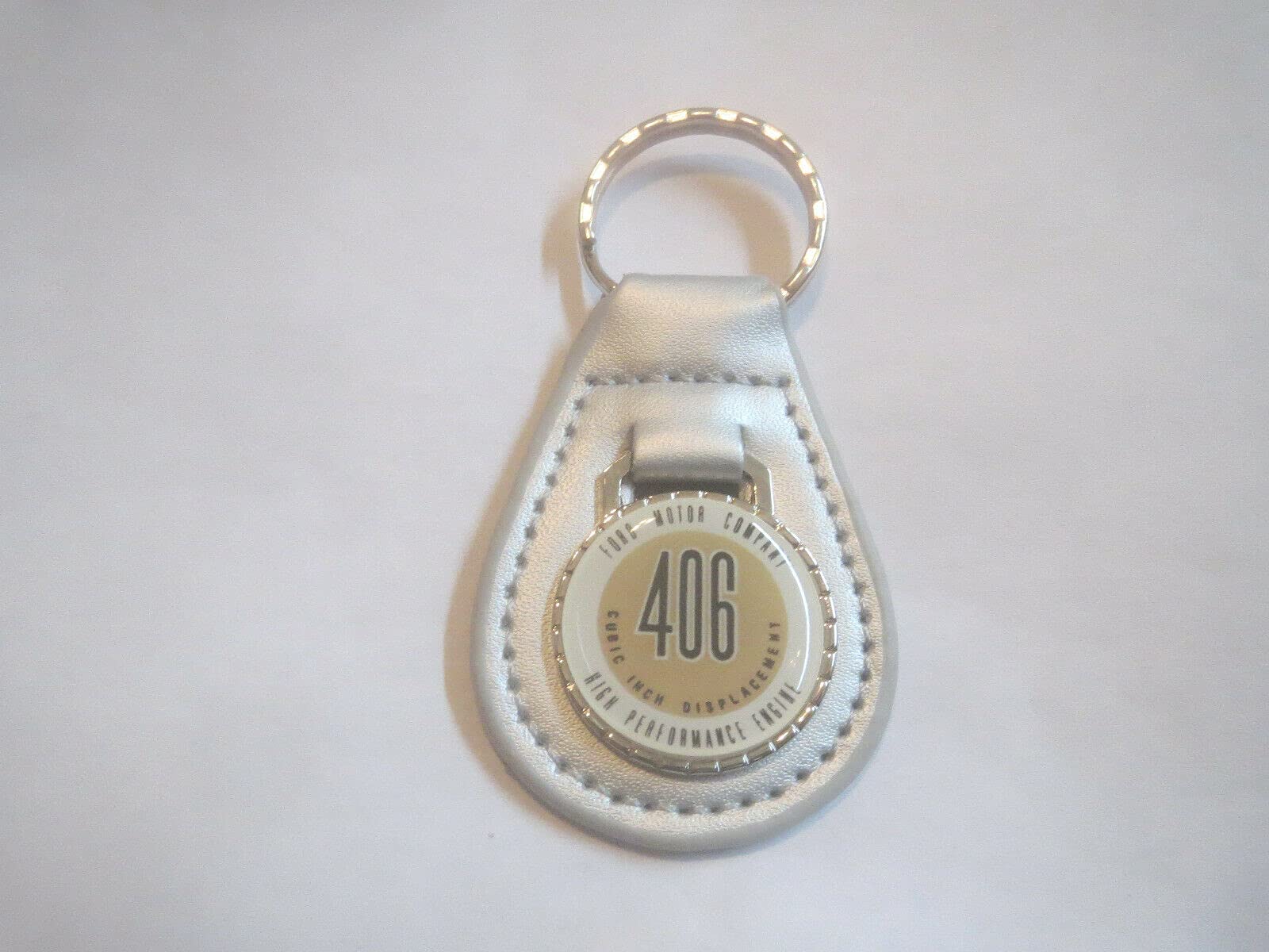 1962 1963 1964 GALAXIE 406 HIGH PERFORMANCE ENGINE LOGO LEATHER KEYCHAIN - SILVER