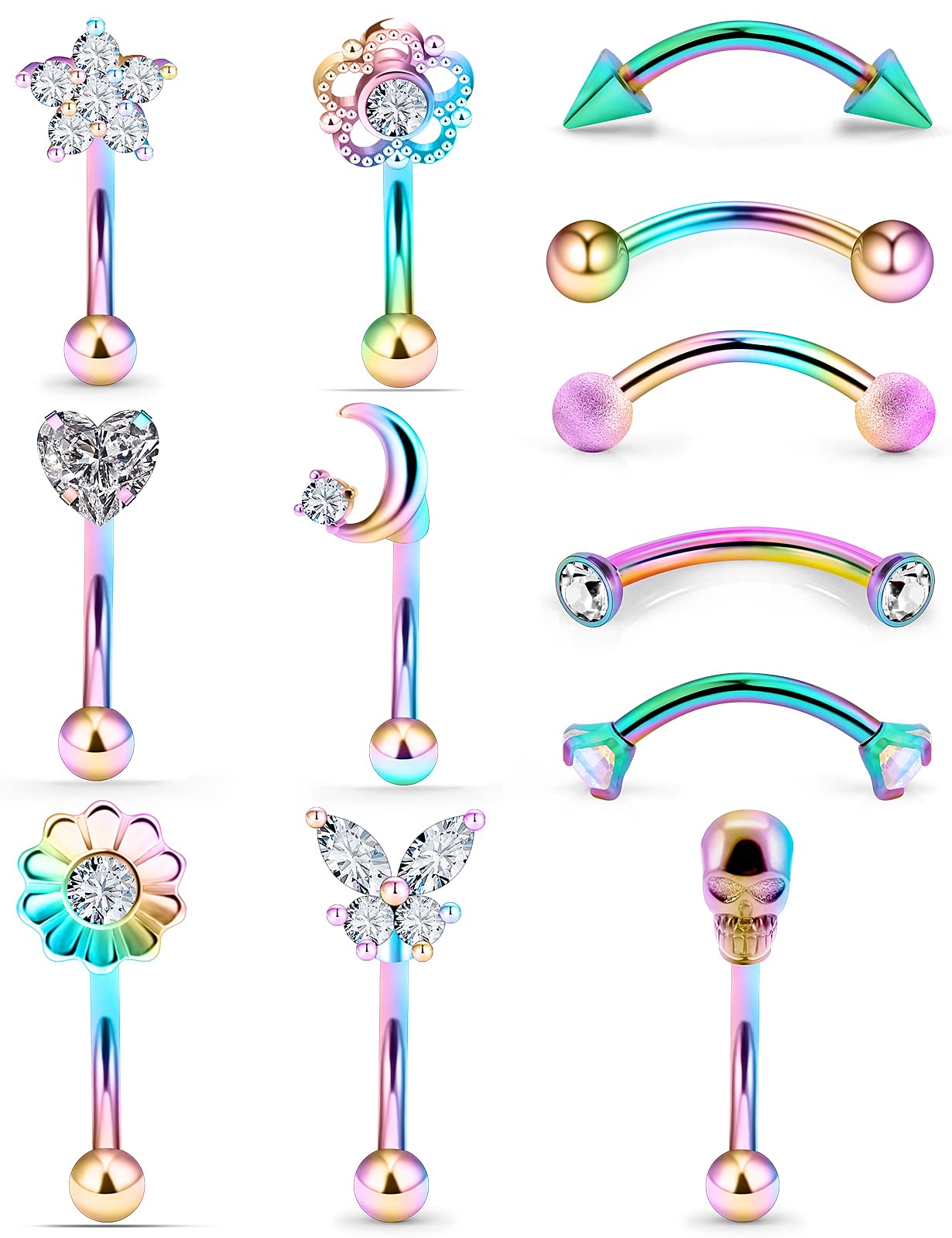 12Pcs 16G Rook Piercing Jewerlry Surgical Steel Eyebrow Piercing Jewelry Flower Crystal Heart CZ Moon Shape Eyebrow Rings Snake Eyes Rook Earrings for Women Men Tongue Retainer,Purple curved Barbell