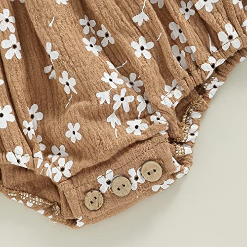 2pcs Infant Baby Girls Romper Headband 0-24M Ruffles Long Sleeve Off Shoulder Flowers Printed Sweet Jumpsuit (Brown, 0-6 Months)